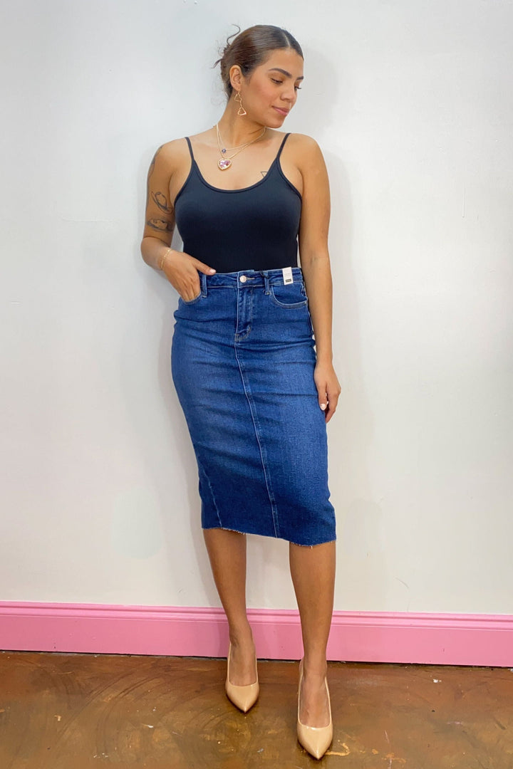 Judy Blue High Waist Back Slit Hem Mid Length Denim Skirt 2831 Sweet Mias Boutique